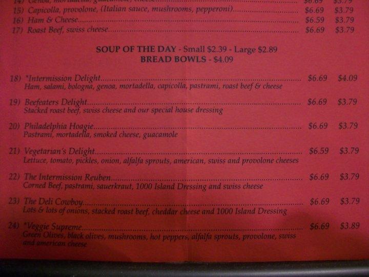Menu at Intermission Deli fast food, Bay City