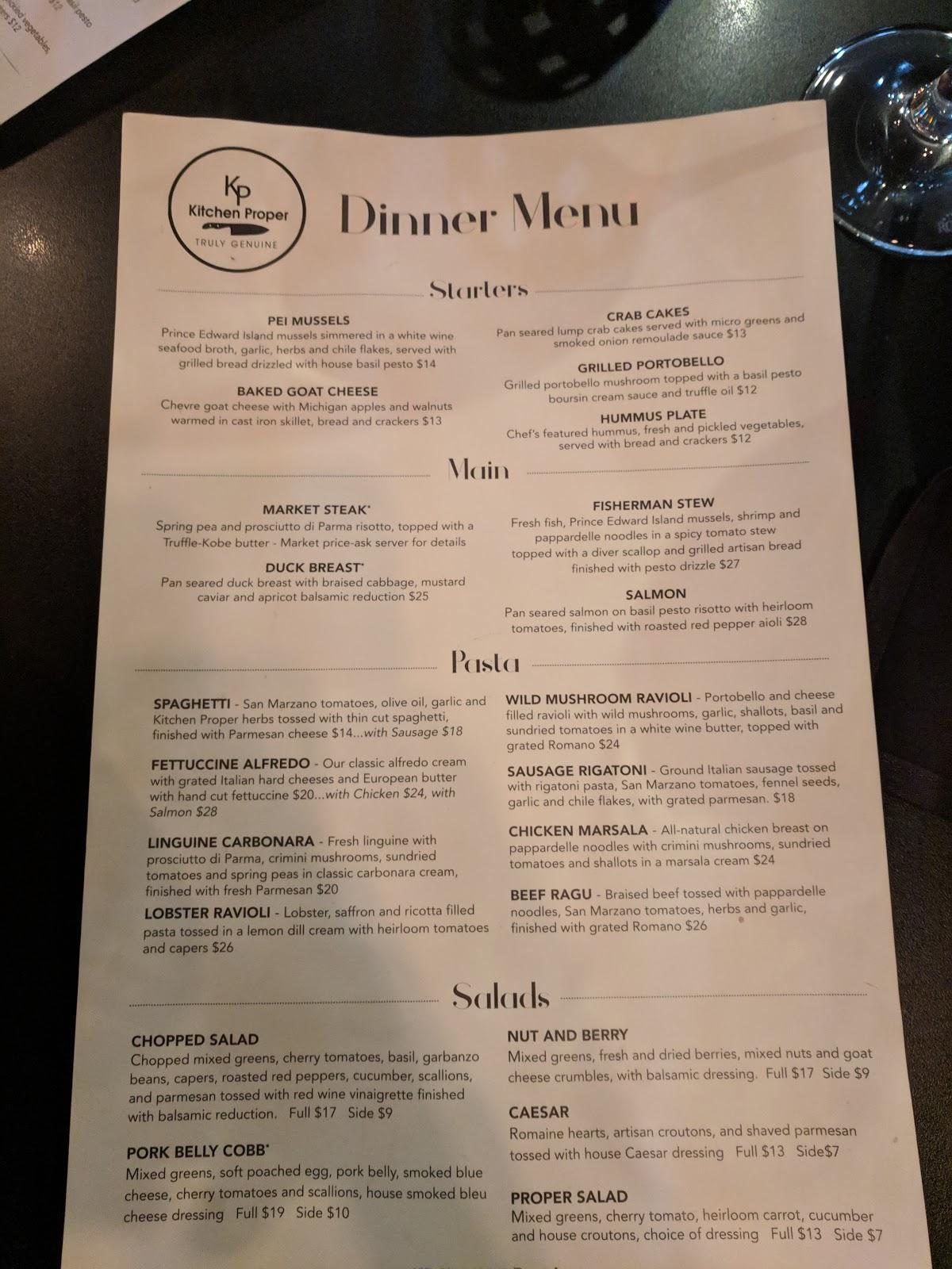 Menu at Kitchen Proper restaurant, Battle Creek