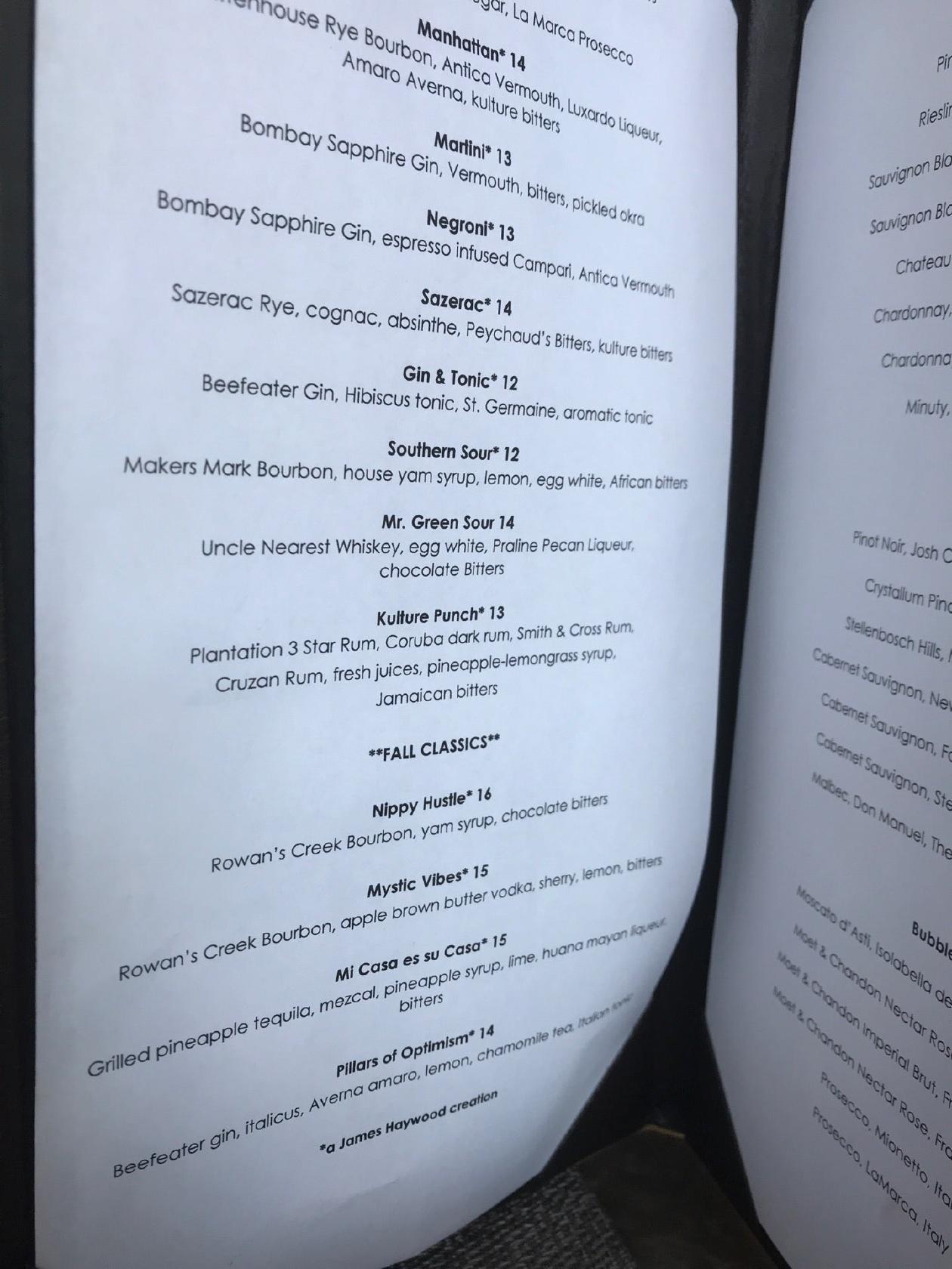 Menu at Kulture restaurant, Houston