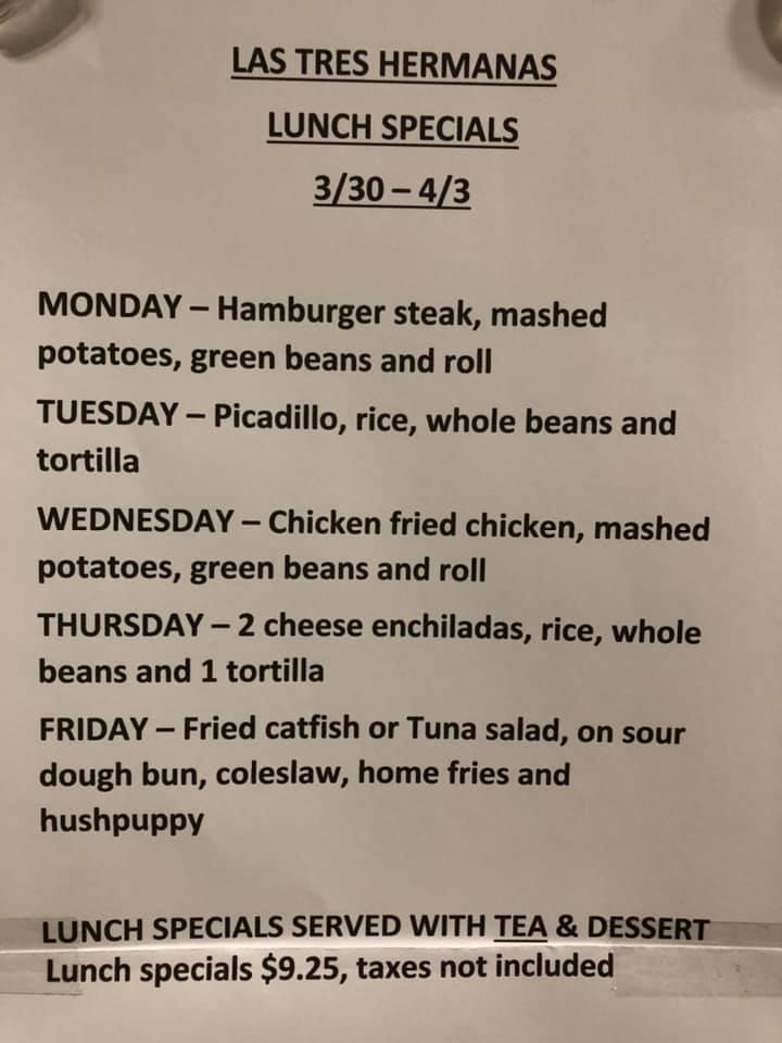 Menu at Tres Hermanas restaurant, George West, Hwy 281 (physical