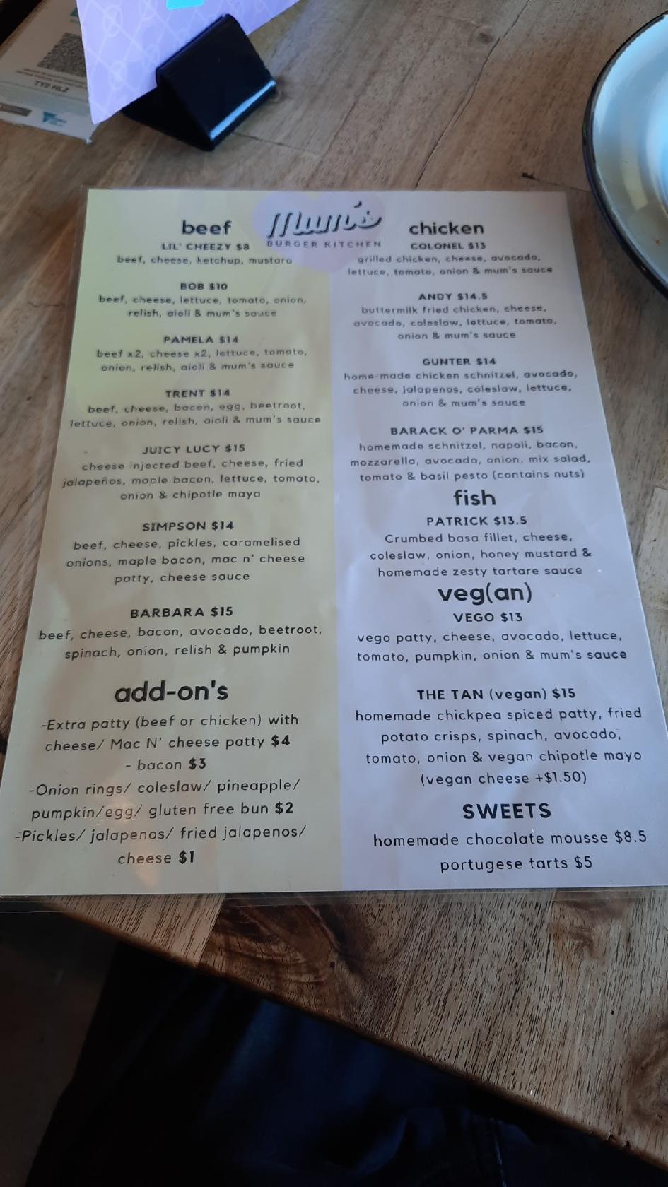 Menu at Mum's Burger Kitchen restaurant, Boronia
