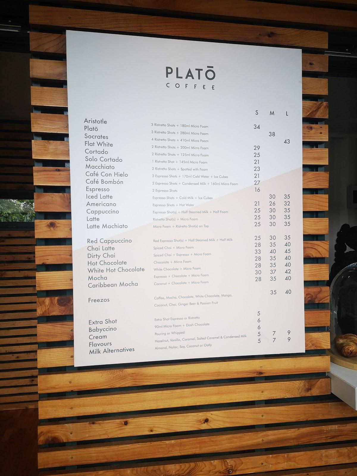 Menu at Platō Coffee - Irene, Pretoria