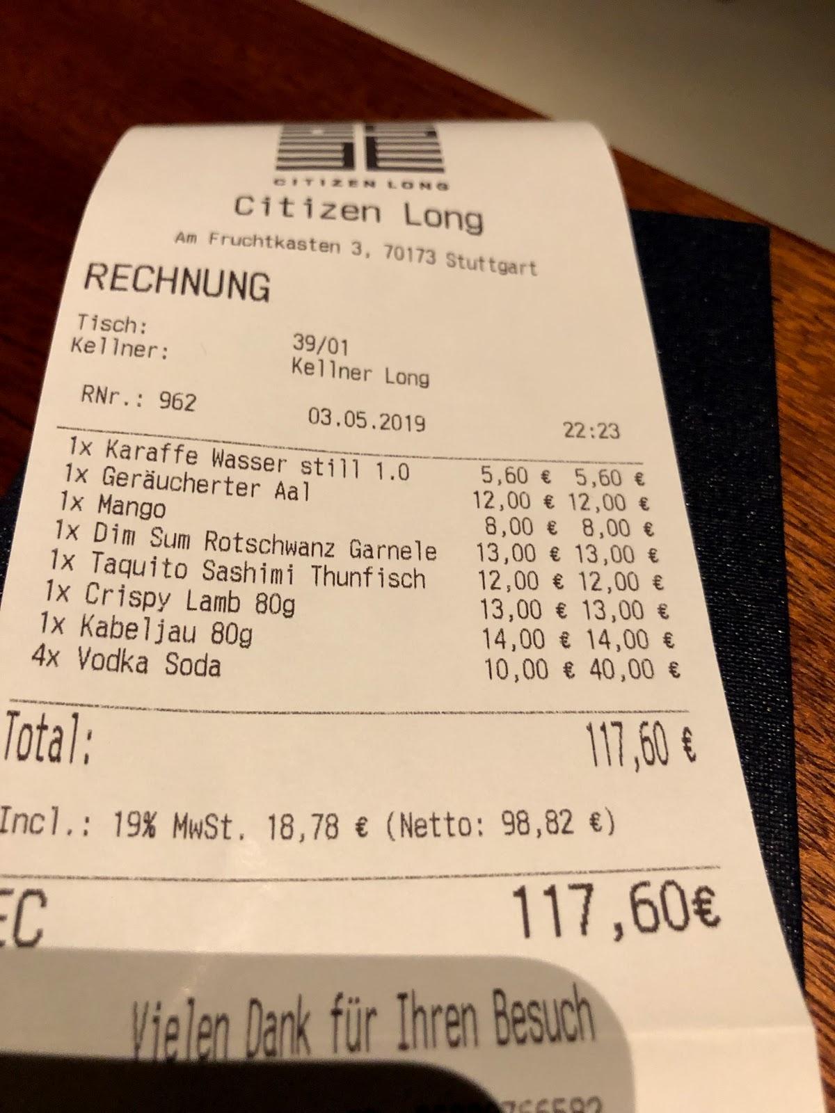Speisekarte von Citizen Long restaurant, Stuttgart