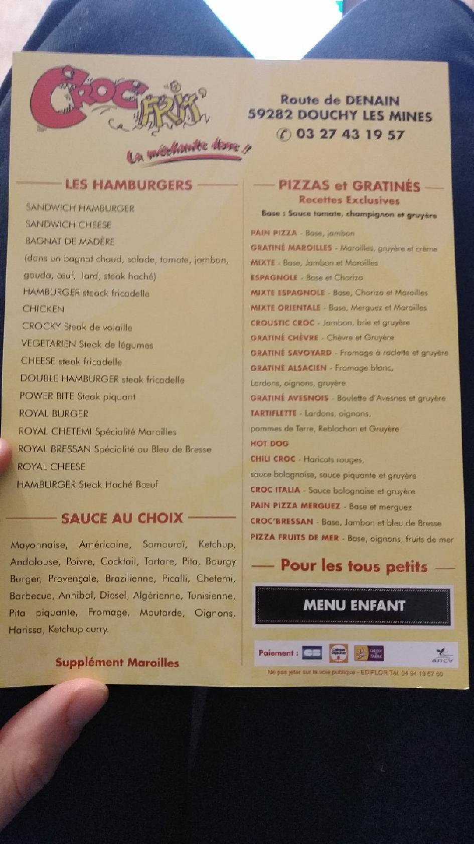 Menu au Croc'Frit fast food, Douchy-les-Mines