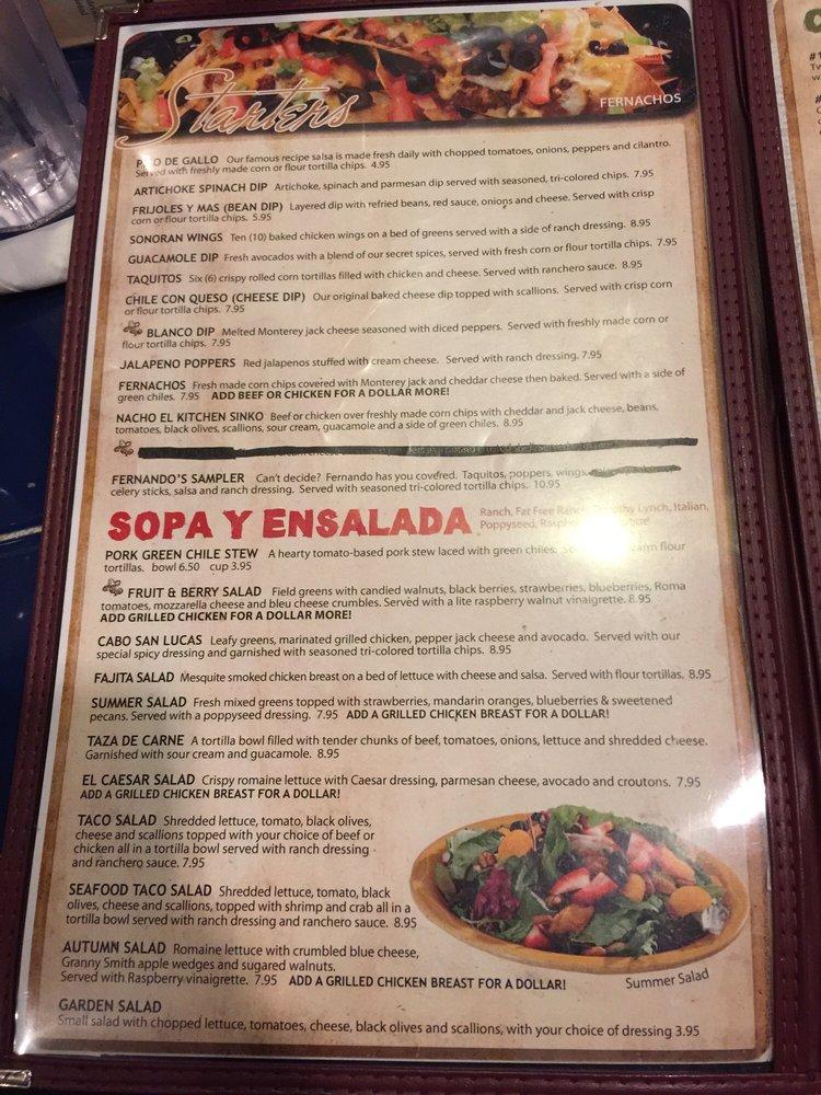 Menu at Fernando's restaurant, Omaha, 380 N 114th St