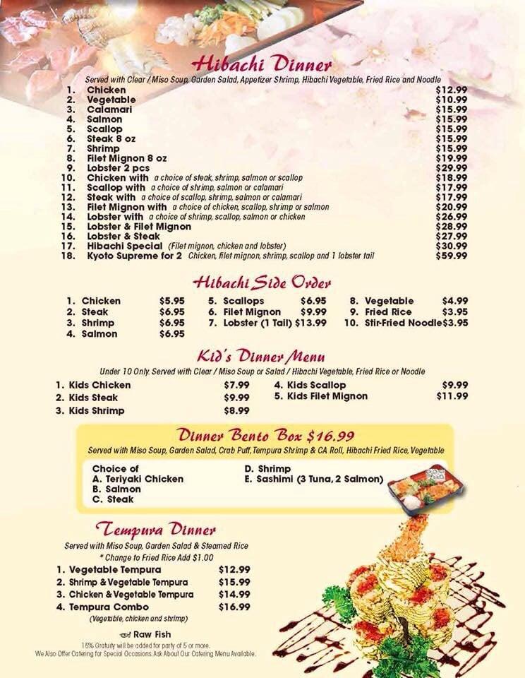 Menu at Kyoto Steakhouse & Sushi Bar, Raceland