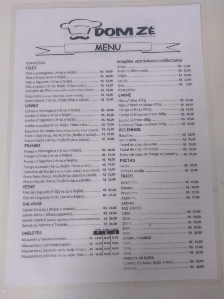 Menu at Restaurante Dom Zé, Rio Acima