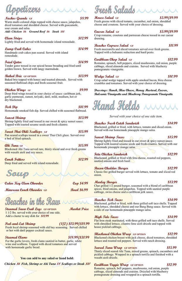 Menu at Beaches at Vilano pub & bar, St. Augustine