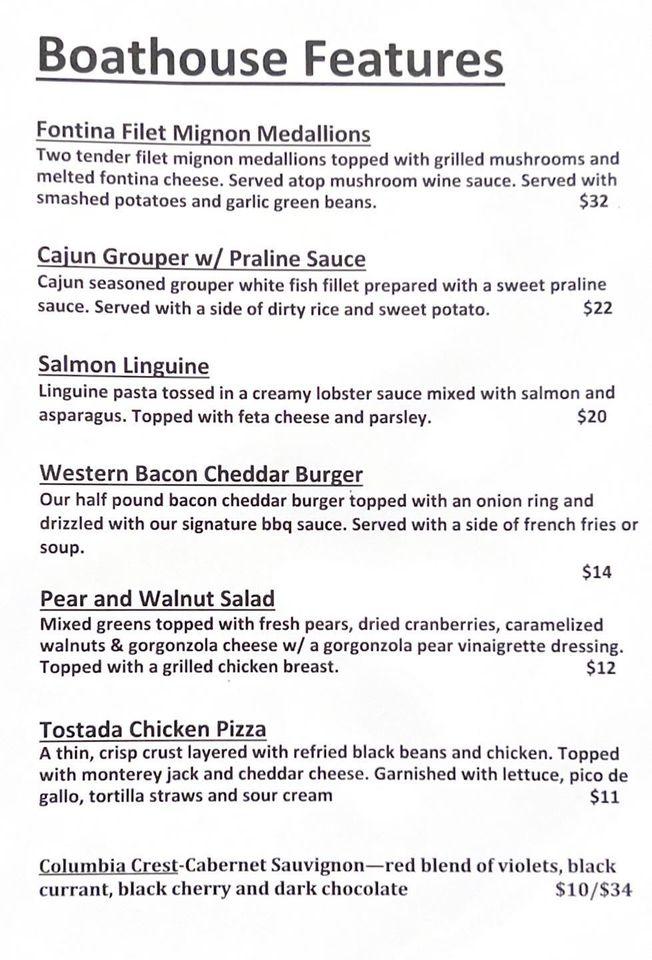 Menu at Boathouse Restaurant, Winona Lake