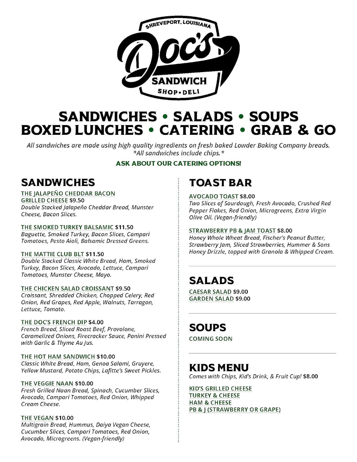 Menu at Doc's Sandwich Shop, Shreveport