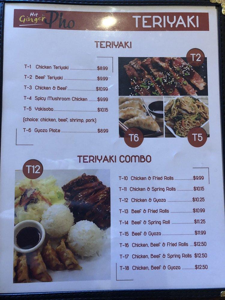 Menu at Hot Ginger Pho restaurant, Lacey