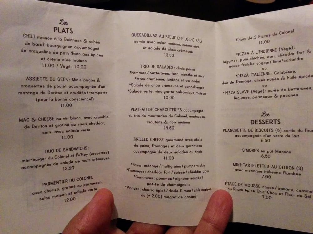 Menu at Le Colonel Moutarde restaurant, Montréal