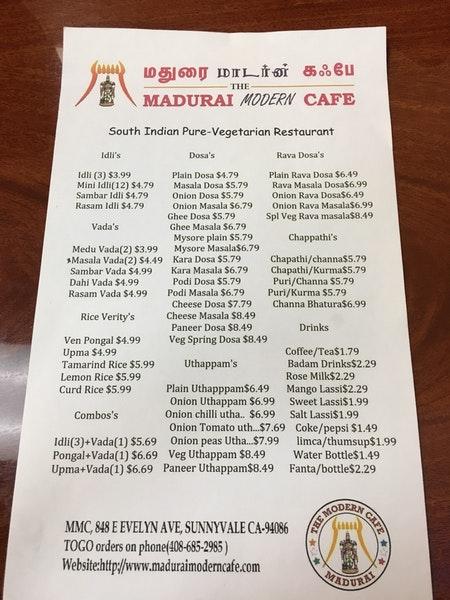 Menu at Madurai Modern Cafe, Sunnyvale