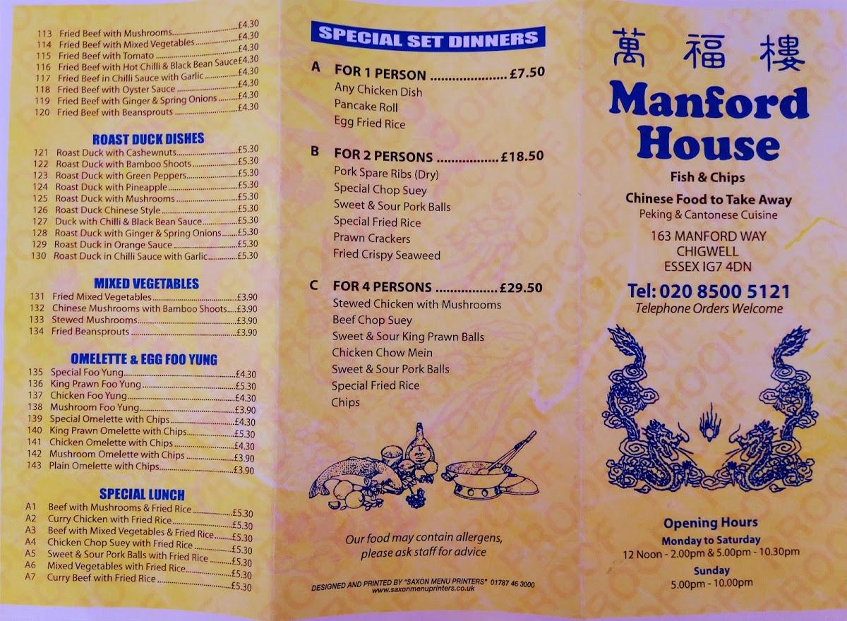 Menu at Manford House fast food, Chigwell, 163 Manford Way