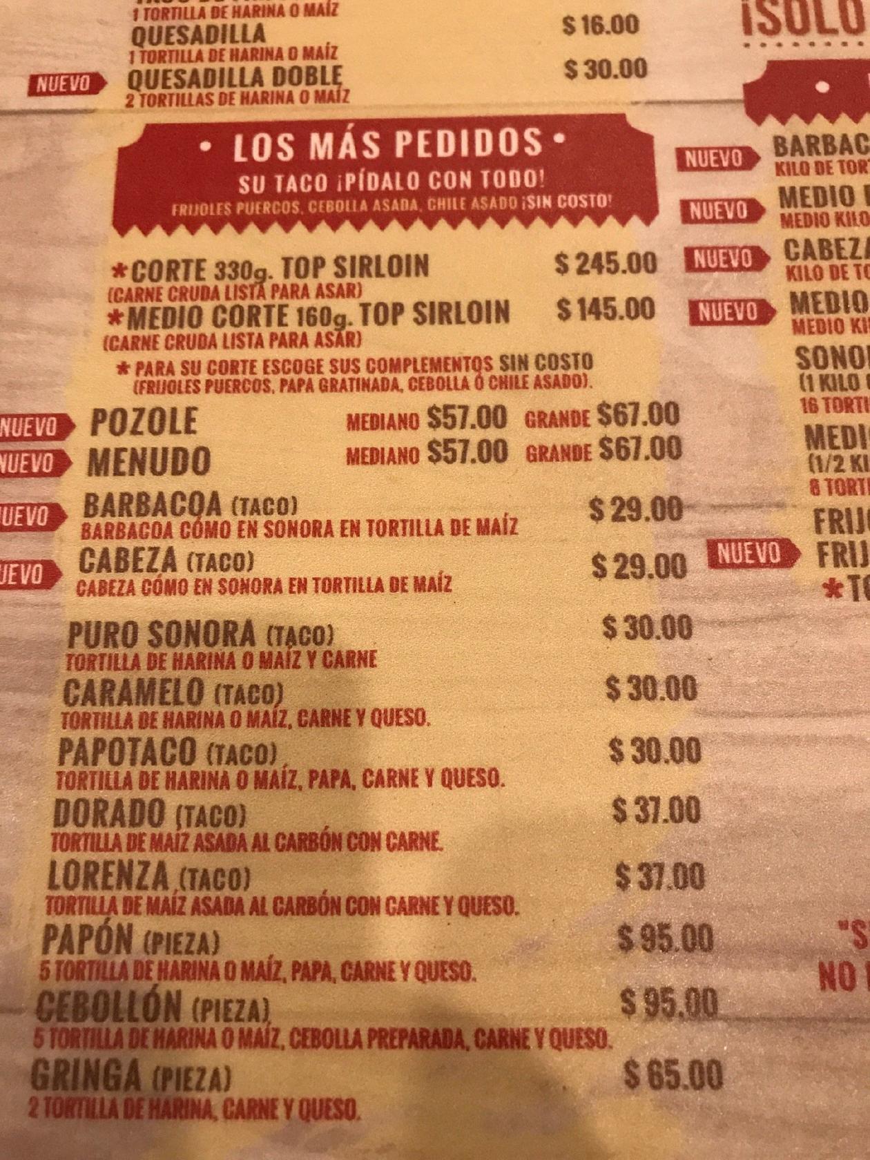 Menu at Puro Sonora steakhouse, Metepec, Av Tecnológico 1729