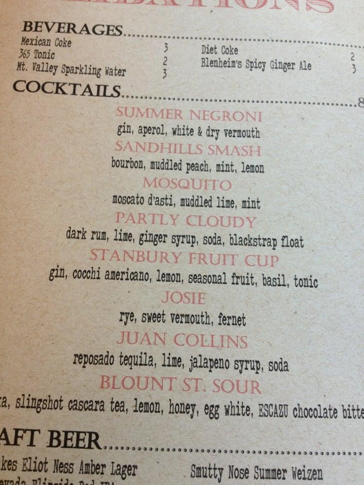 Carta del restaurante Stanbury, Raleigh