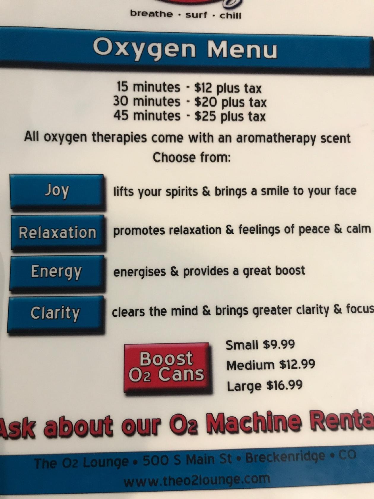 Menu at The O2 Lounge pub & bar, Breckenridge