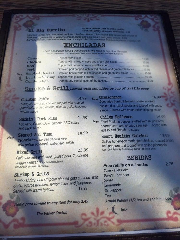 Menu at The Velvet Cactus restaurant, Baton Rouge