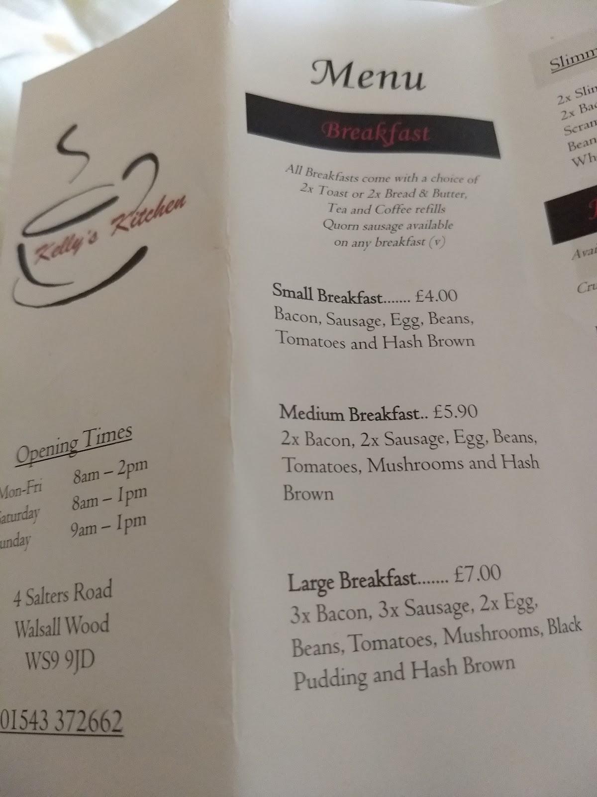 Menu at Kellys Kitchen cafe, Walsall