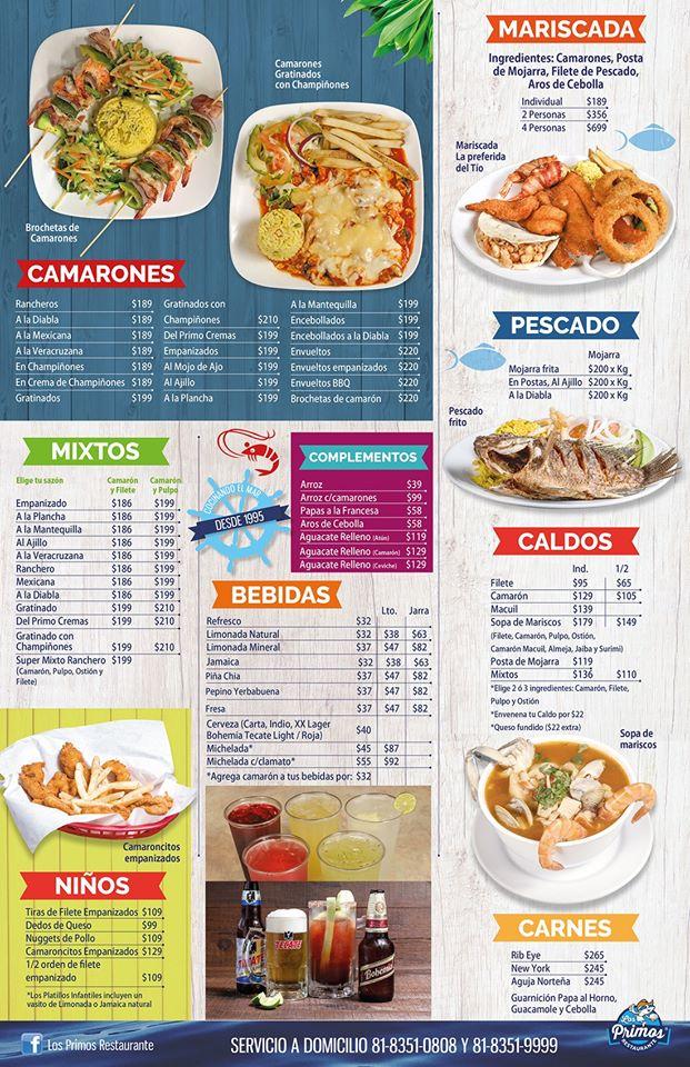 Menu at Los Primos restaurant, Monterrey, Pablo A. de la Garza 3000