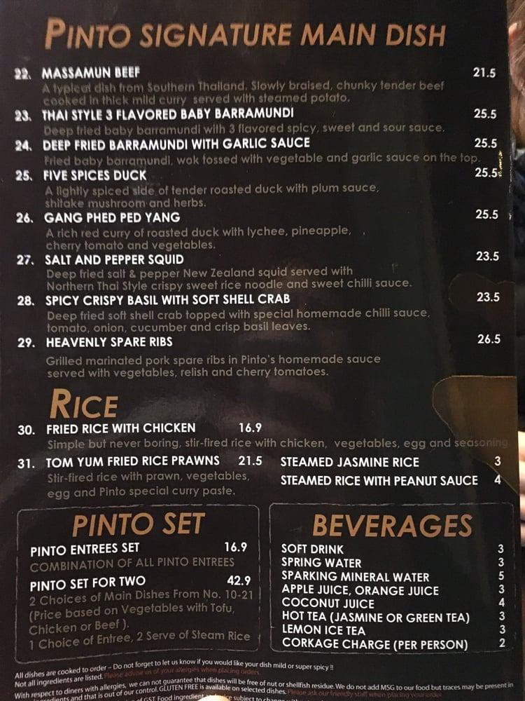 Menu at Pinto Thai Restaurant, Kensington