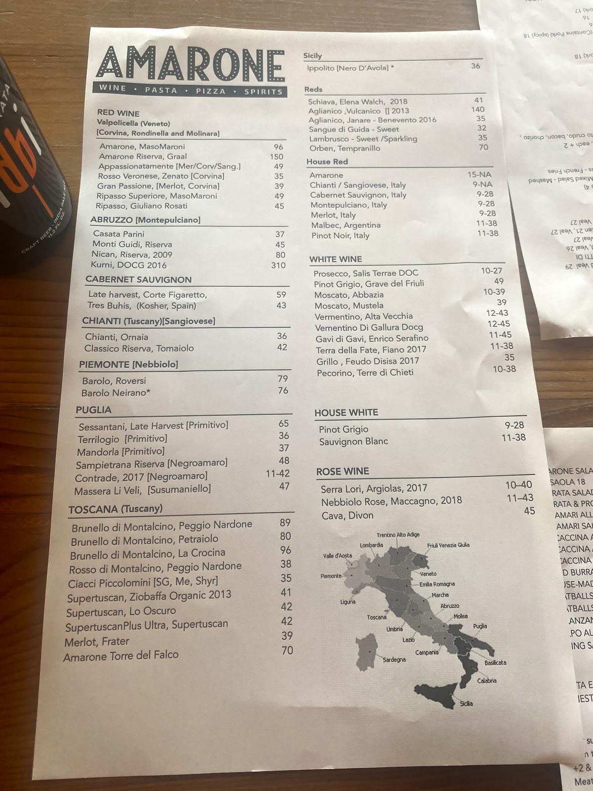 Menu at Amarone pub & bar, Aventura, Biscayne Blvd #107