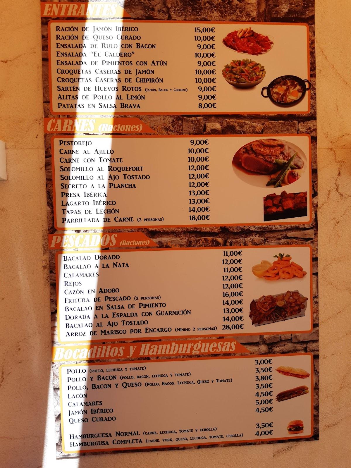 Carta de Café Bar El Caldero, Olivenza
