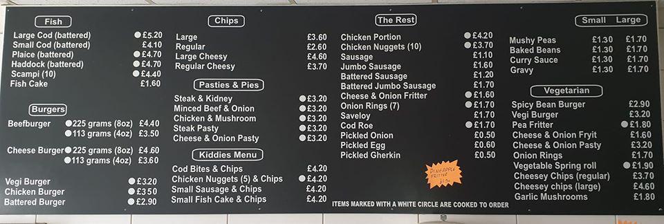 Menu at Chippies Plaice restaurant, Newton Abbot
