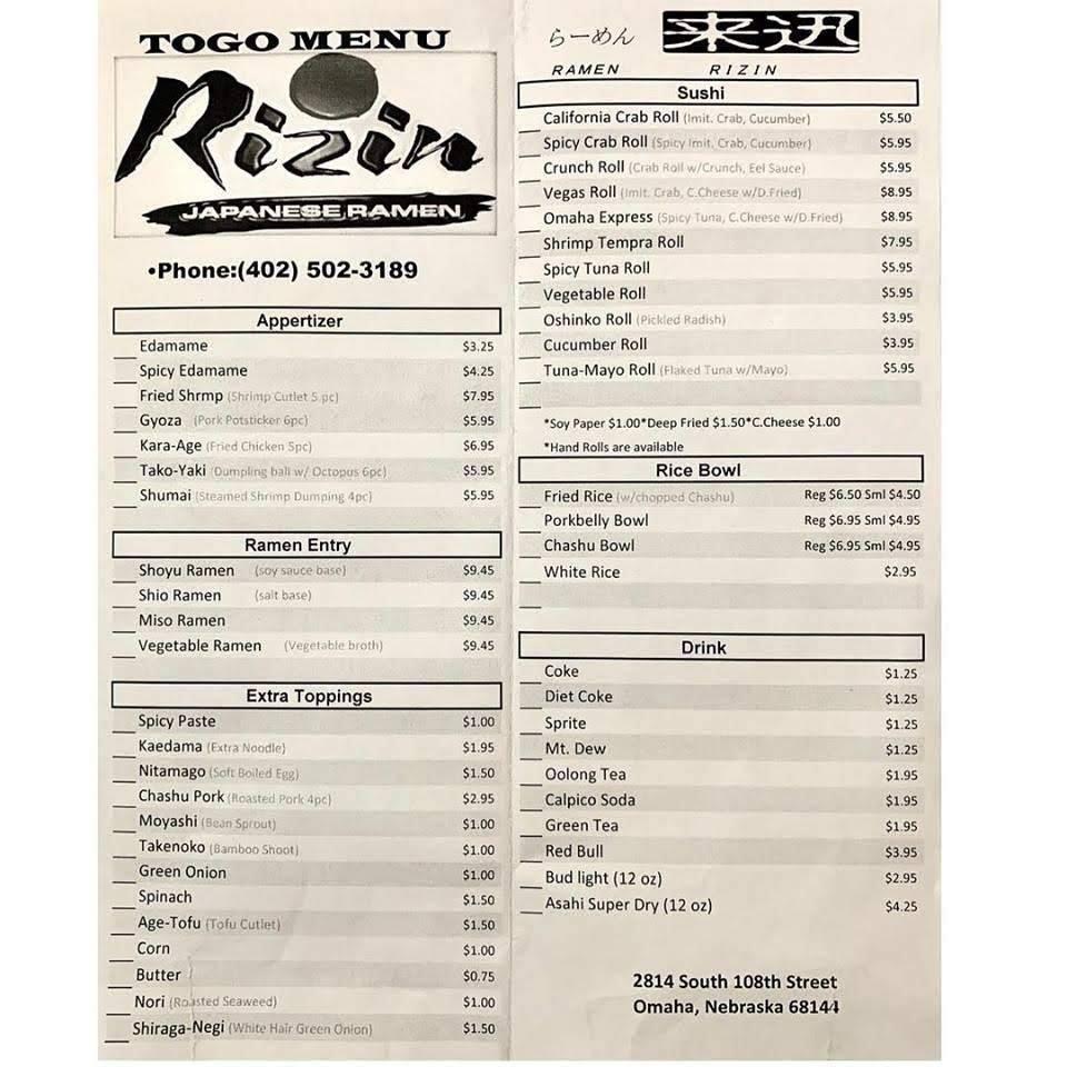 Menu at Rizin Japanese Ramen (来迅 ライジン) restaurant, Omaha