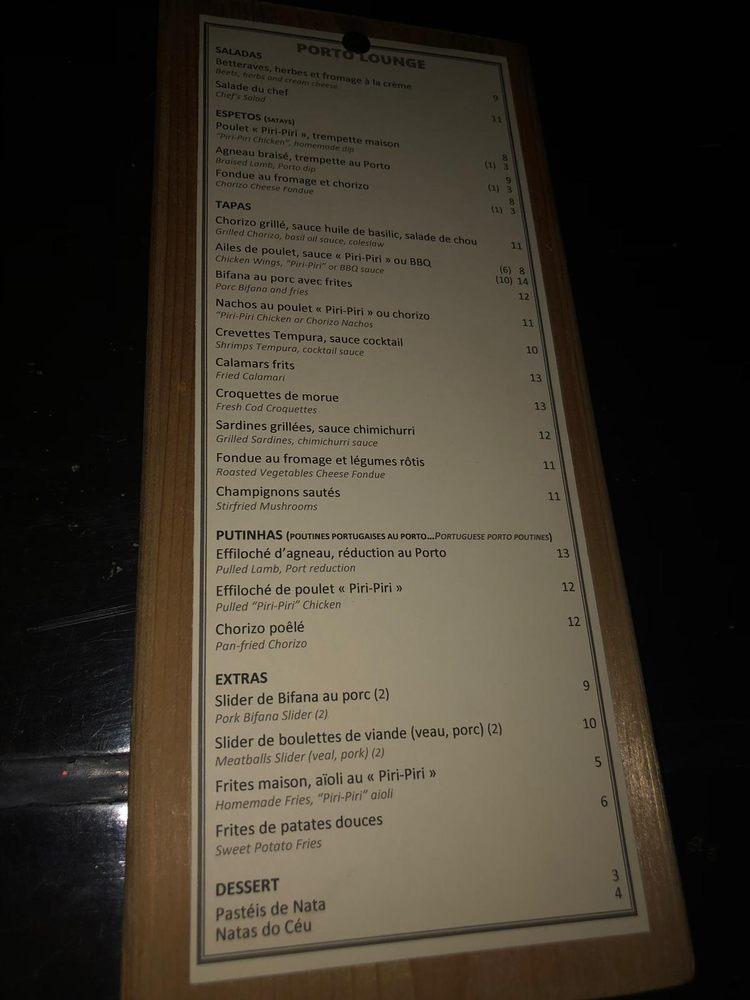 Menu at Salle Porto Lounge pub & bar, Montreal