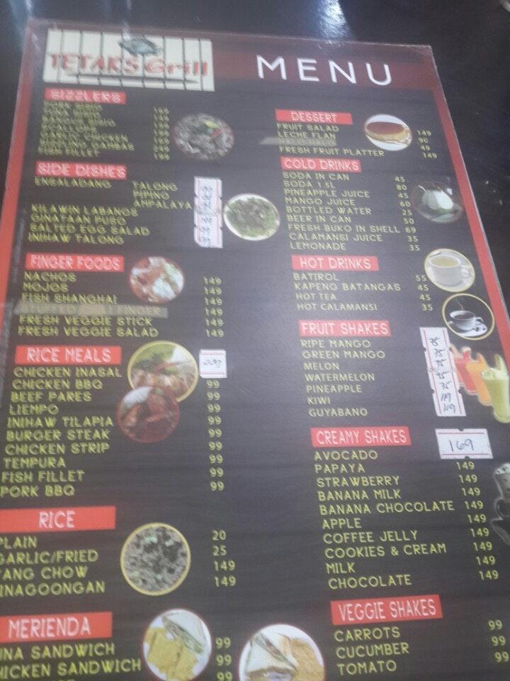 Menu at Tetak's restaurant, City of Balanga
