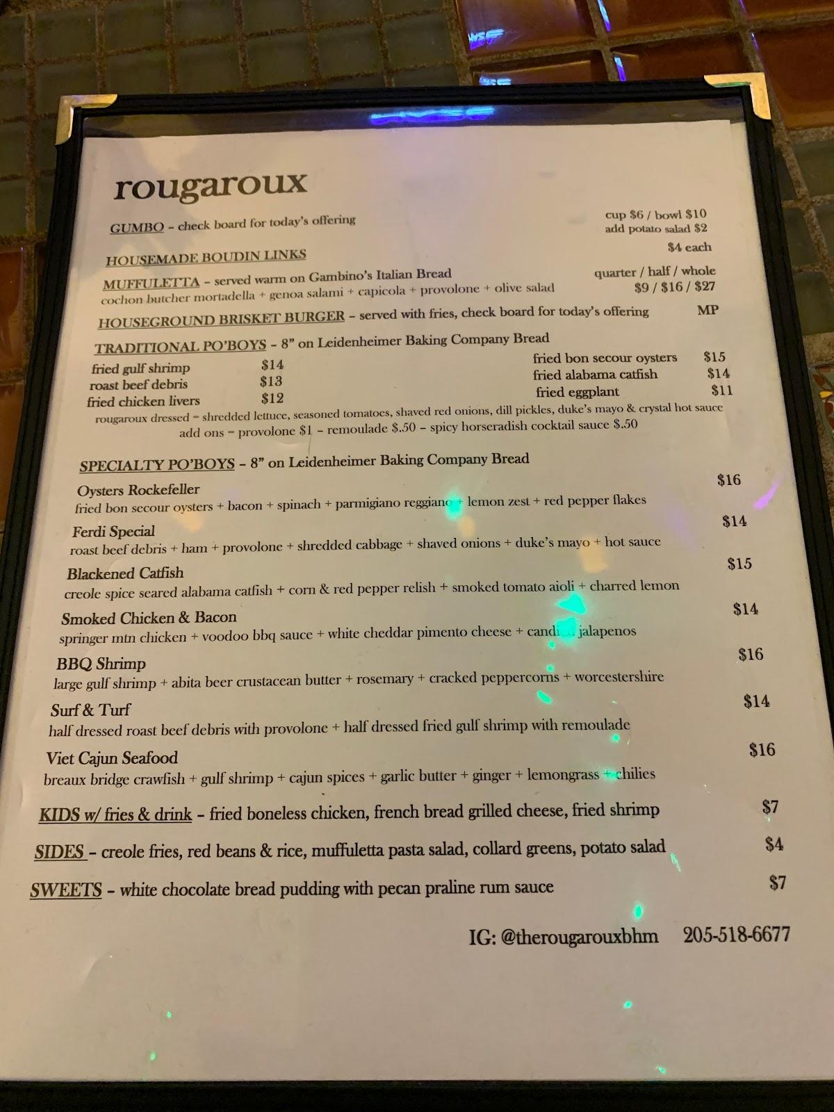 Menu at The Rougaroux restaurant, Birmingham