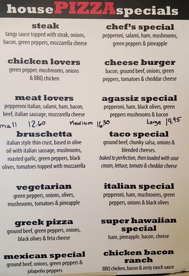 Menu at Canadian 2 For 1 Pizza Agassiz pizzeria, Agassiz