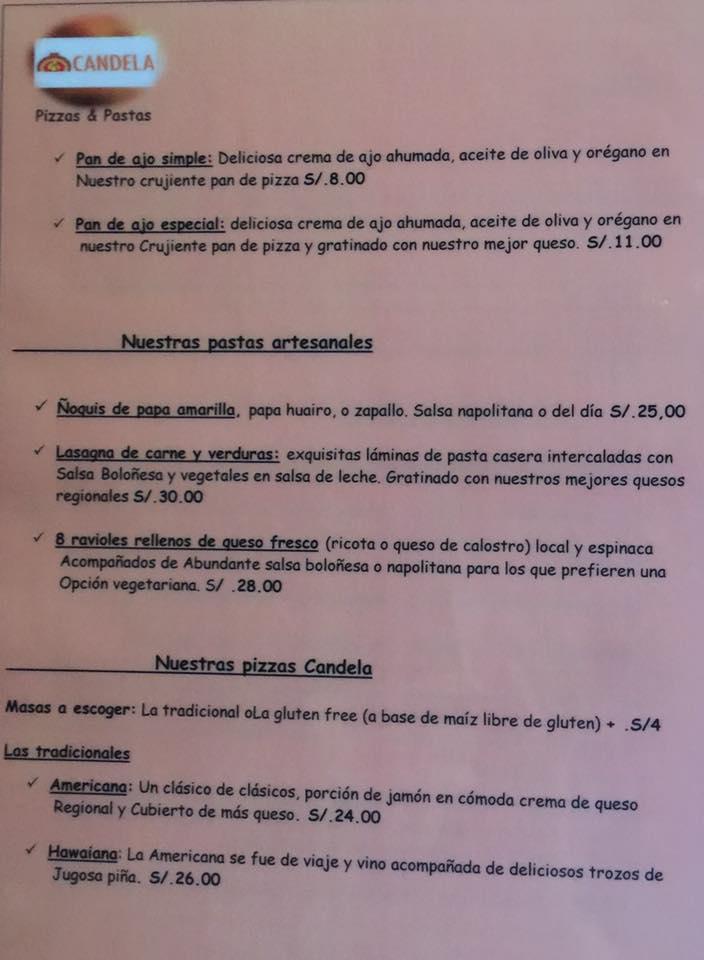 Menu at Candela restaurant, Chachapoyas