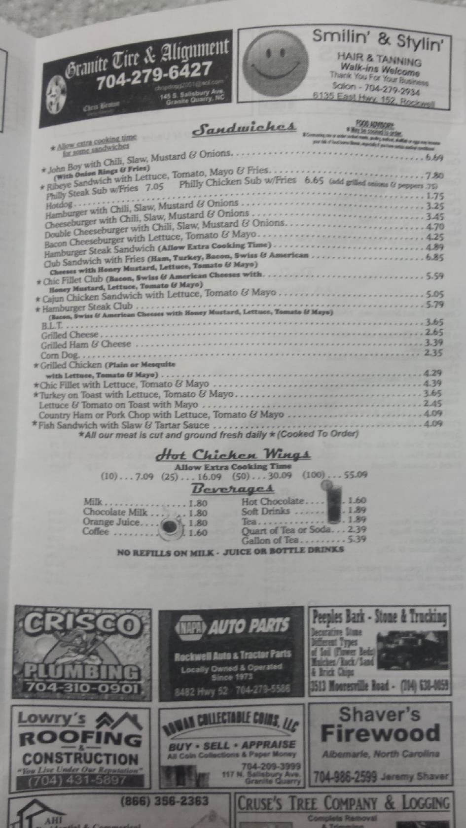 Menu at Johnny's Barbeque, Rockwell