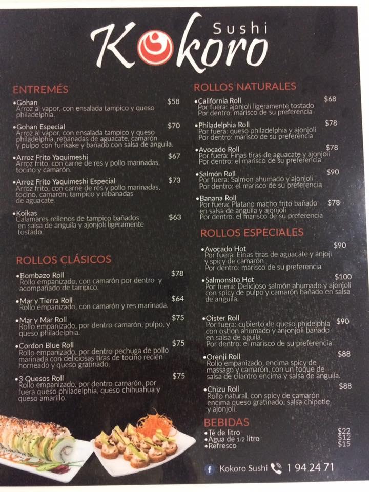 Menu at Kokoro Sushi restaurant, Mazatlán