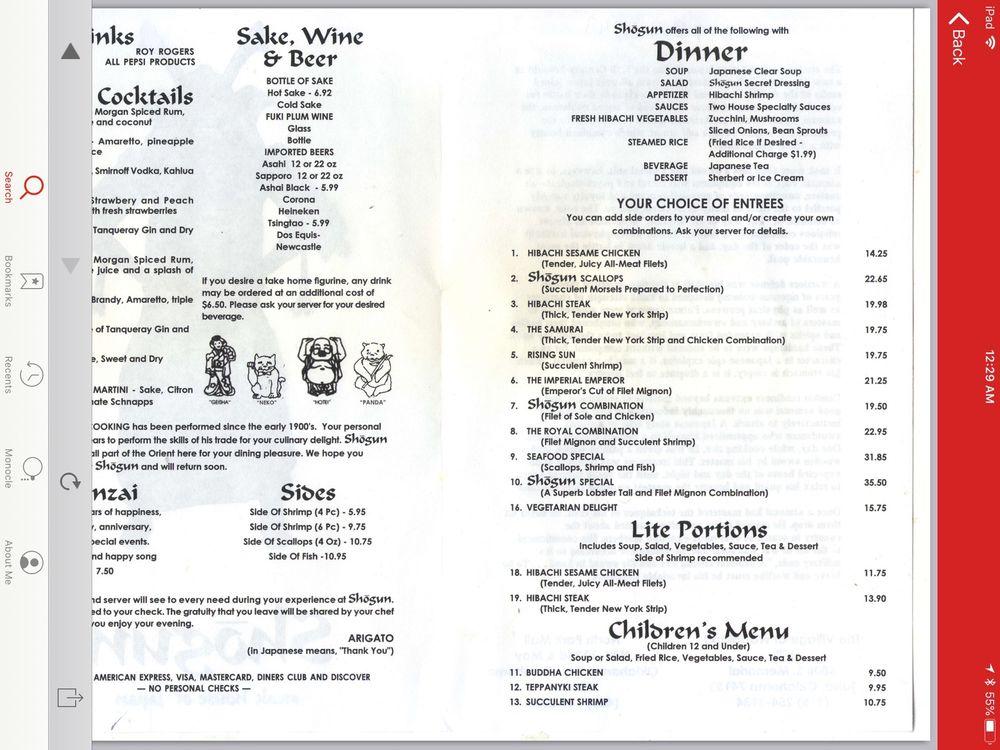 Menu at Shogun steakhouse, Tulsa