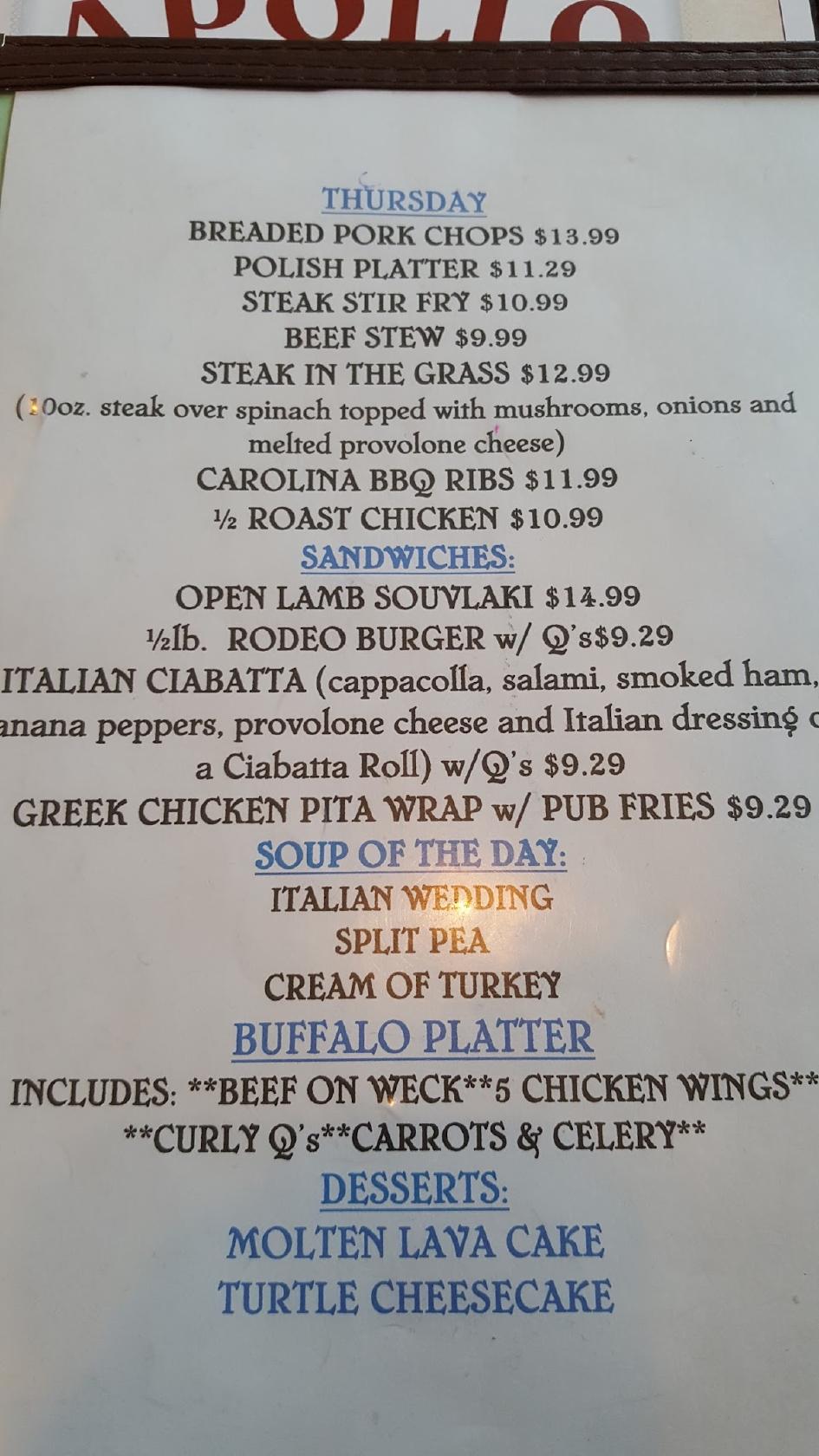 Menu at Apollo Family Restaurant, Buffalo, South Park Ave
