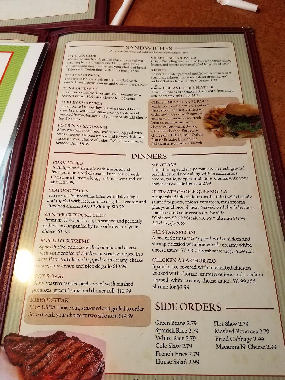 Menu at Christine's Casual Dining restaurant, Cincinnati