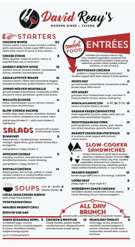 Menu at David Reay's Modern Diner + Tavern pub & bar, Onalaska