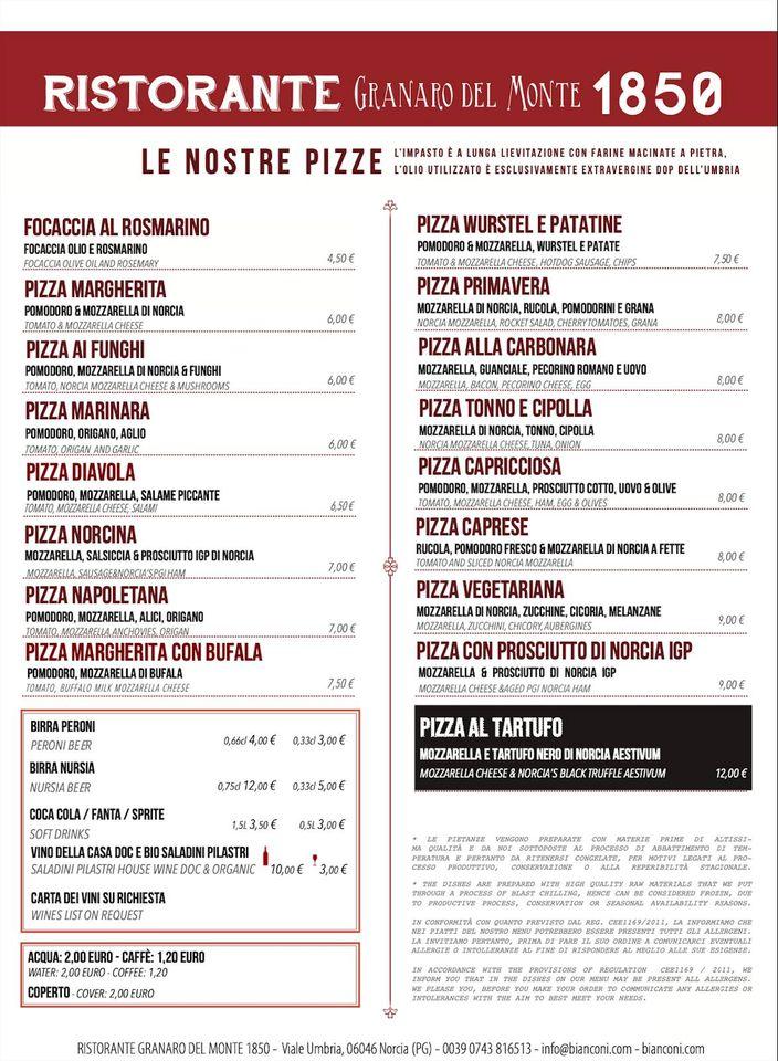 Menu at Granaro Del Monte Restaurant, Norcia