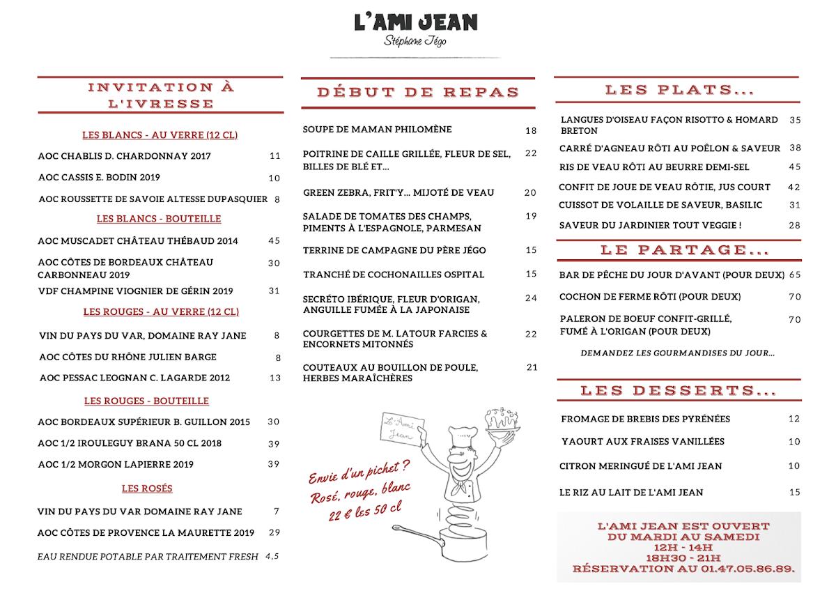 Menu at L’Ami Jean restaurant, Paris