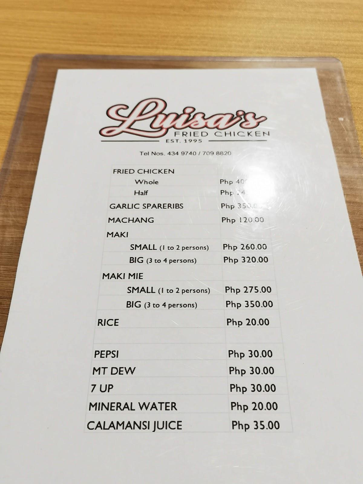 Menu at Luisa’s Fried Chicken restaurant, Bacolod