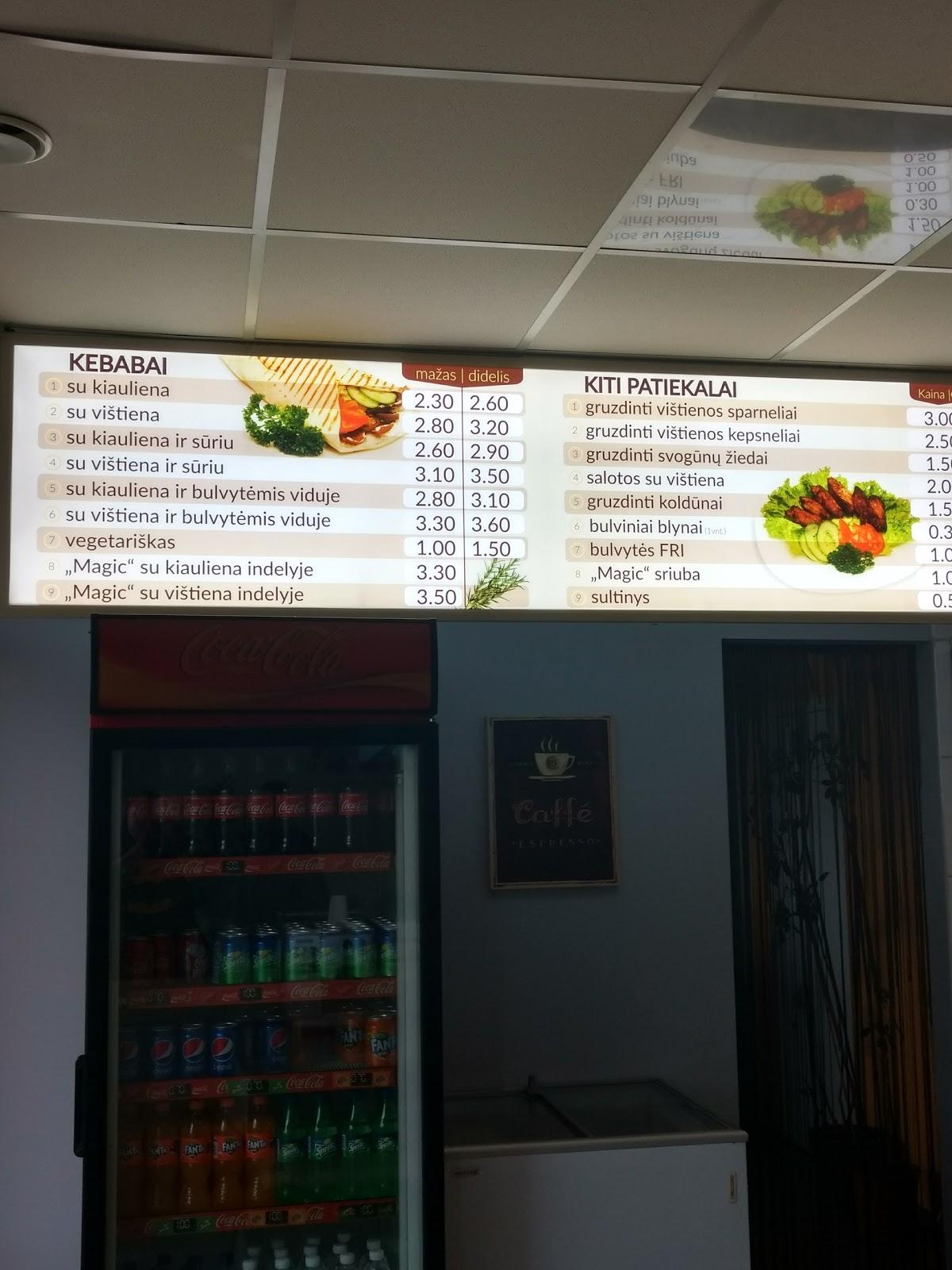 Menu at Magic kebabine cafe, Vilnius