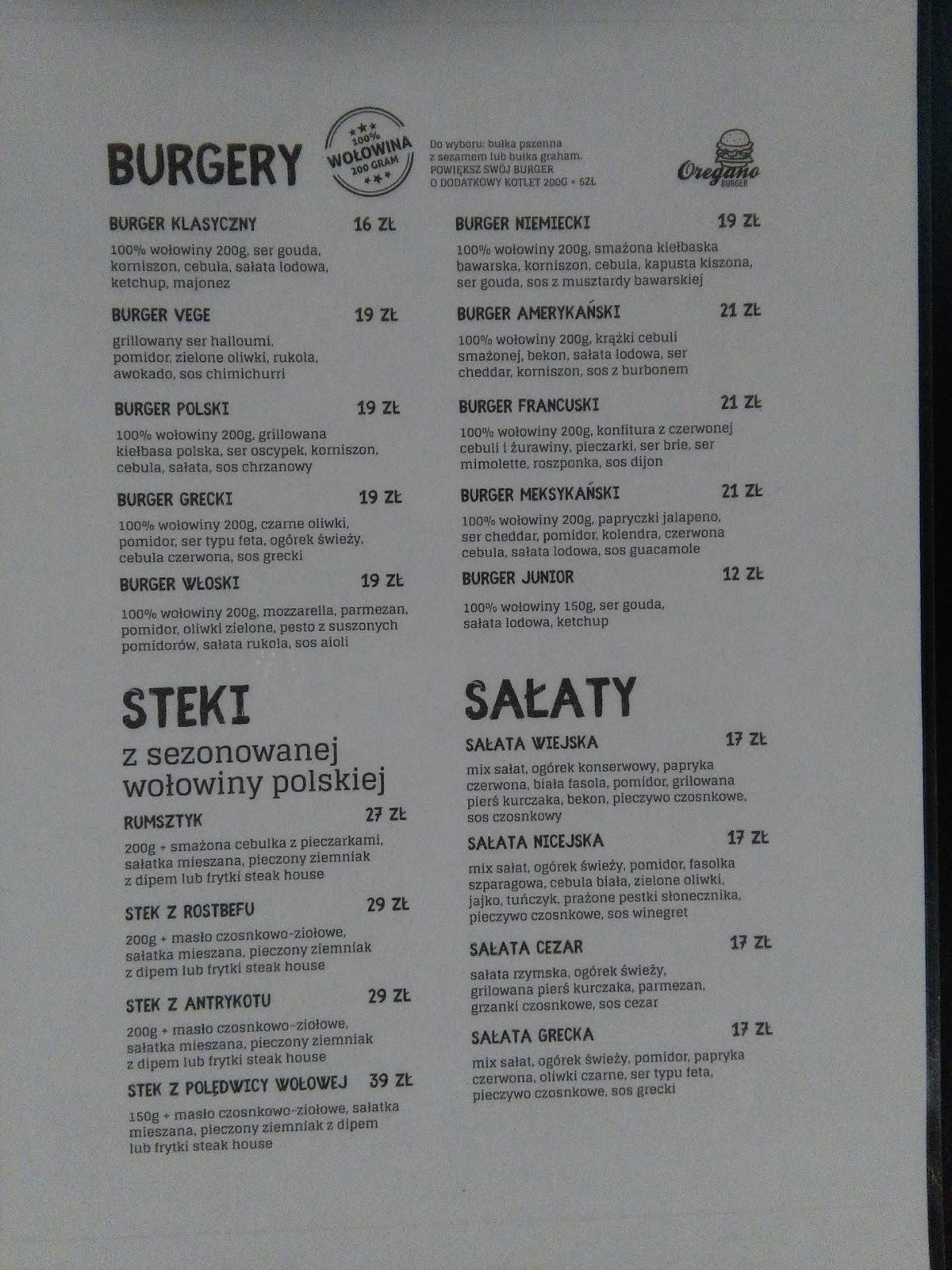 Menu at Oregano Burger restaurant, Szczecinek