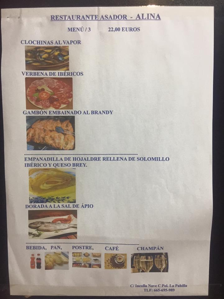 Carta de Restaurante Alina, Chiva
