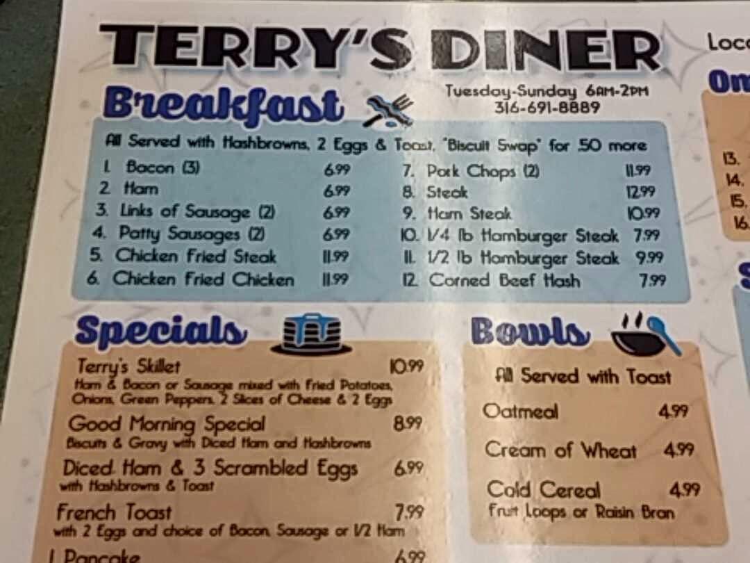Menu at Terry's Diner, Wichita