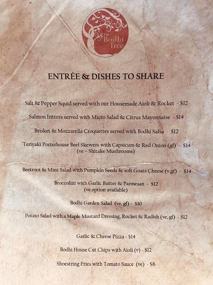 Menu at The Bodhi Tree Restaurant, Healesville
