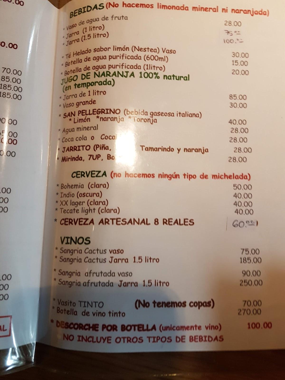Carta del restaurante El cactus, Real del Catorce