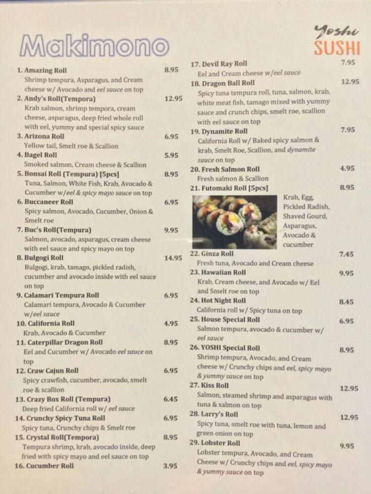 Menu at Yoshi Sushi restaurant, Tampa